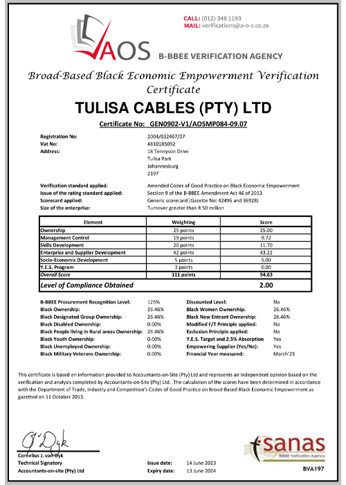 Certification - Electrical Power Cable Manufacturer